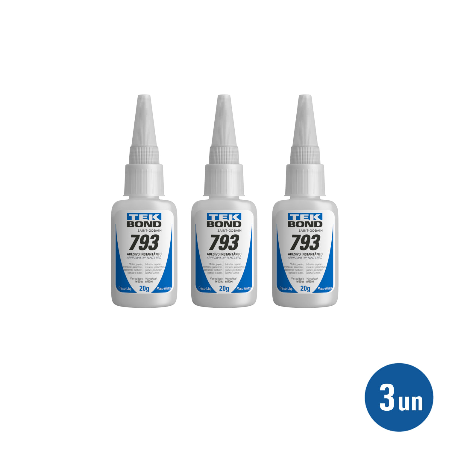 Kit 3 Cola Instantânea 793 20g - Média Viscosidade - Tekbond